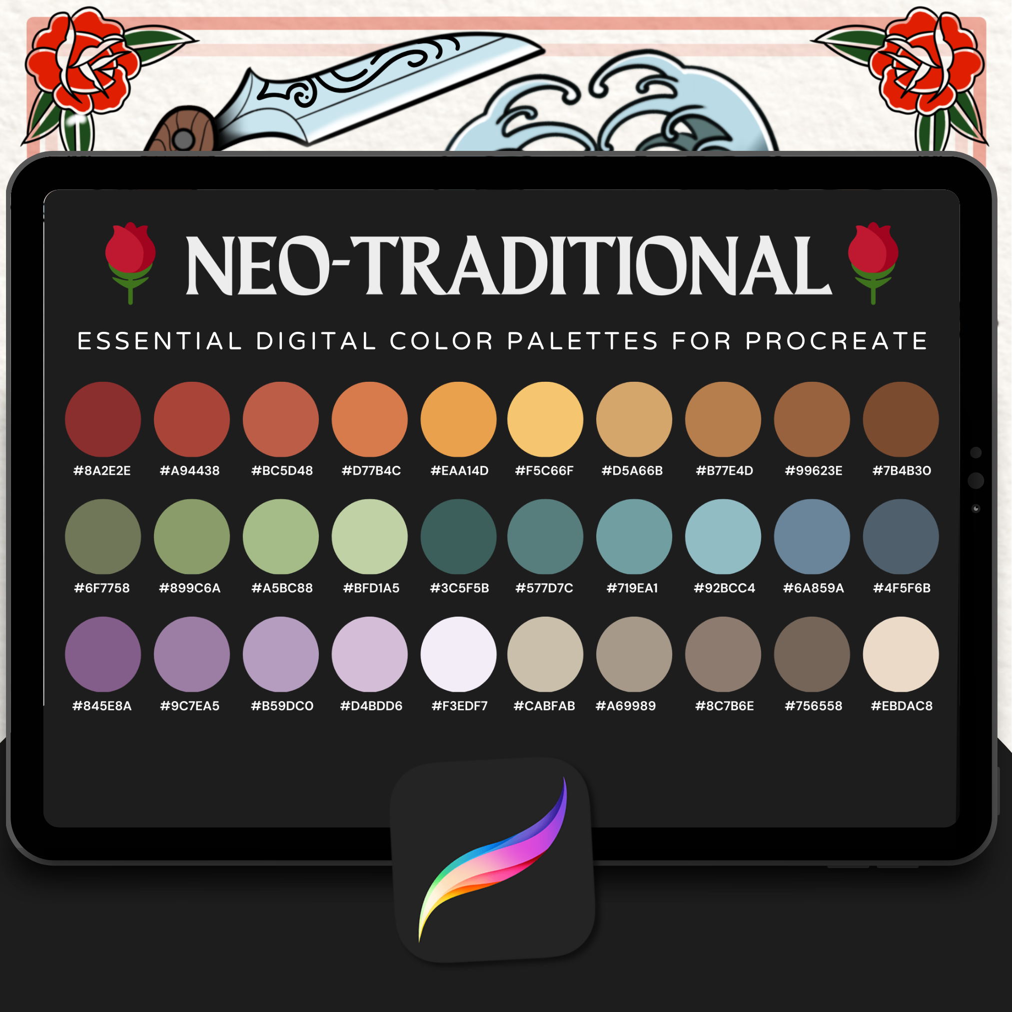 Neo-Traditional Tattoo Colour Palette for Procreate – Bold Ink Tones