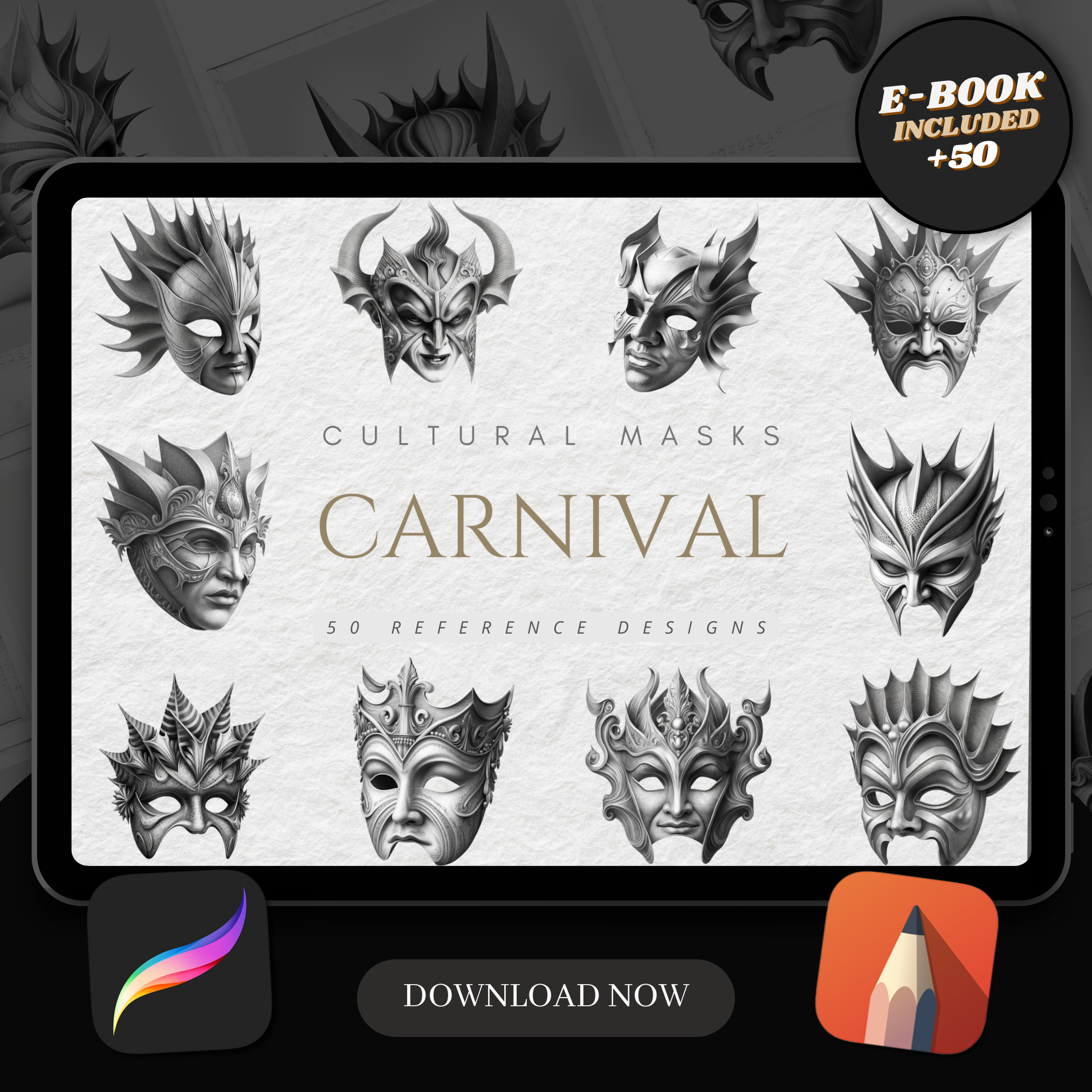 Carnival Masks Digital Reference Design Collection: 50 Procreate & Ske