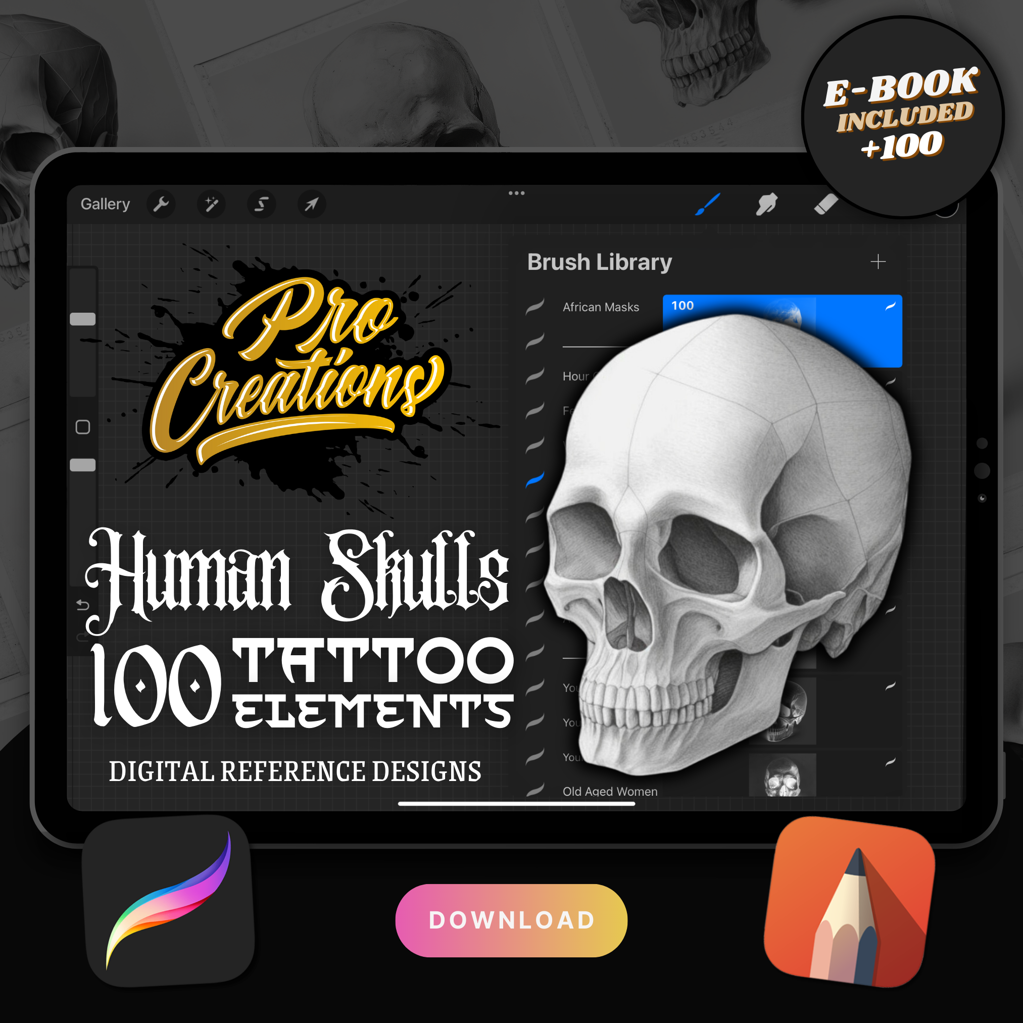 Skulls Digital Tattoo Element Design Collection: 100 Procreate & Sketc